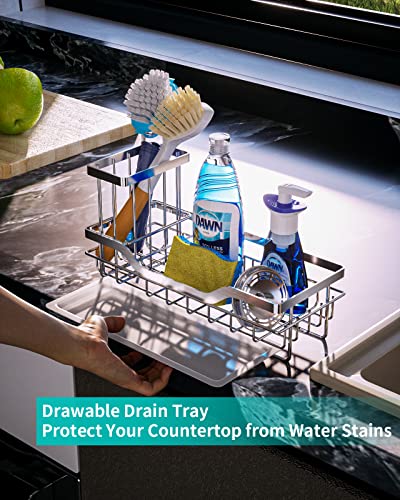 HapiRm Multifunctional Sink Caddy with Detachable Brush Holder, Kitchen Sink Organizer with Drawable Drain Tray, Rustproof Stainless Steel Sink Caddy for Sponge, Brush -Silver(8.26*3.62*4.72 in)