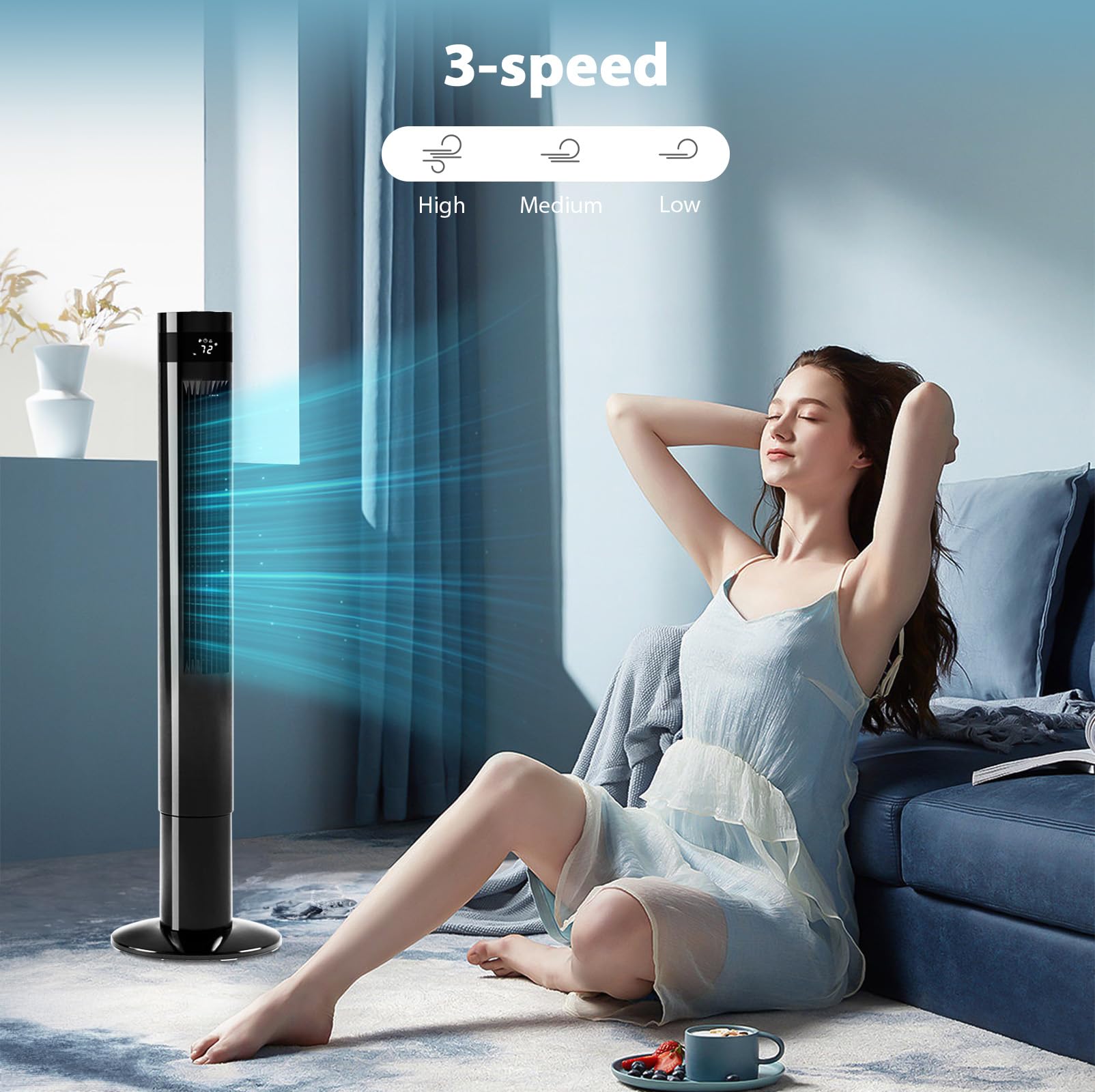Antarctic Star Tower Fan Portable Floor Fans 85°Oscillating Fan 43'' Quiet Cooling 12H Timer Remote Control Standing Bladeless Electric 3 Speeds Wind 3 Modes Bedroom Office(43 inch, Black)