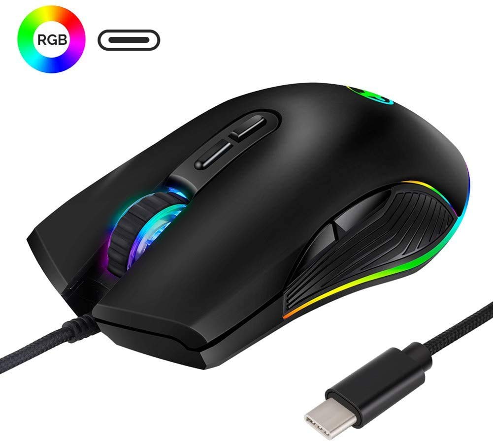 USB C Mouse Ergonomic Type C Wired Mouse RGB Gaming Mouse Optical Mice with 4 Backlight Modes up to 3200 DPI for MacBook Pro, Matebook X, MacBook 12", Chromebook, HP OMEN, More USB Type C Devices