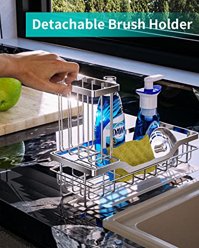 HapiRm Multifunctional Sink Caddy with Detachable Brush Holder, Kitchen Sink Organizer with Drawable Drain Tray, Rustproof Stainless Steel Sink Caddy for Sponge, Brush -Silver(8.26*3.62*4.72 in)