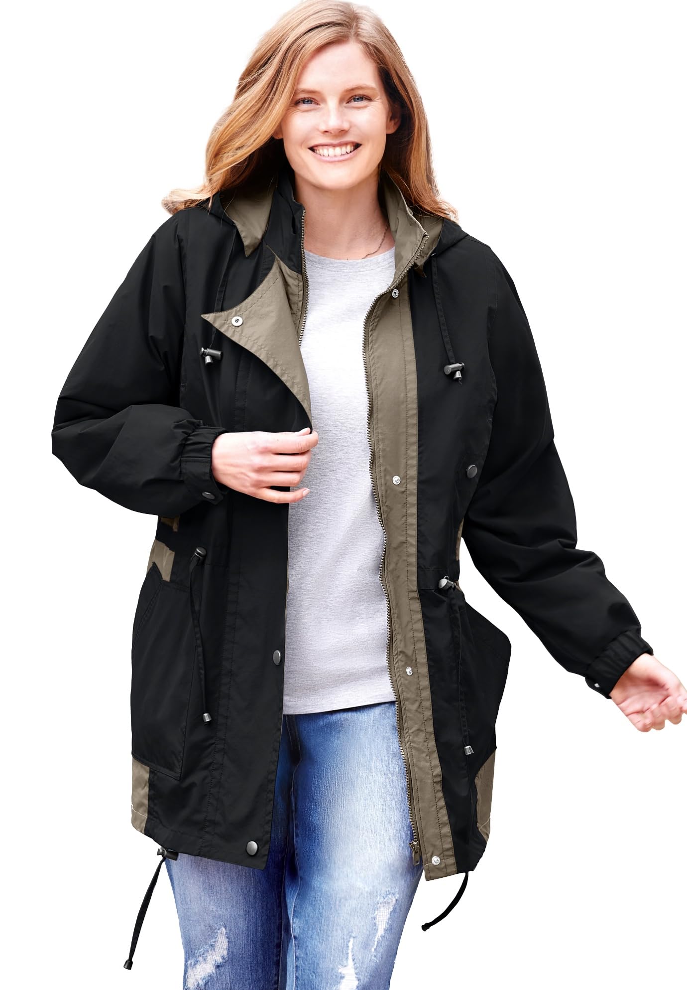 Woman Within Women's Plus Size Colorblocked Taslon Anorak - 1X, Black Bark