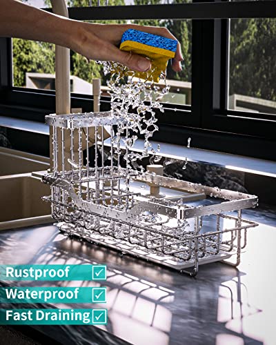 HapiRm Multifunctional Sink Caddy with Detachable Brush Holder, Kitchen Sink Organizer with Drawable Drain Tray, Rustproof Stainless Steel Sink Caddy for Sponge, Brush -Silver(8.26*3.62*4.72 in)