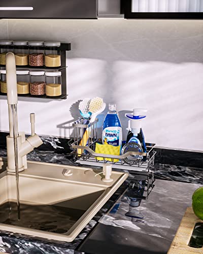 HapiRm Multifunctional Sink Caddy with Detachable Brush Holder, Kitchen Sink Organizer with Drawable Drain Tray, Rustproof Stainless Steel Sink Caddy for Sponge, Brush -Silver(8.26*3.62*4.72 in)