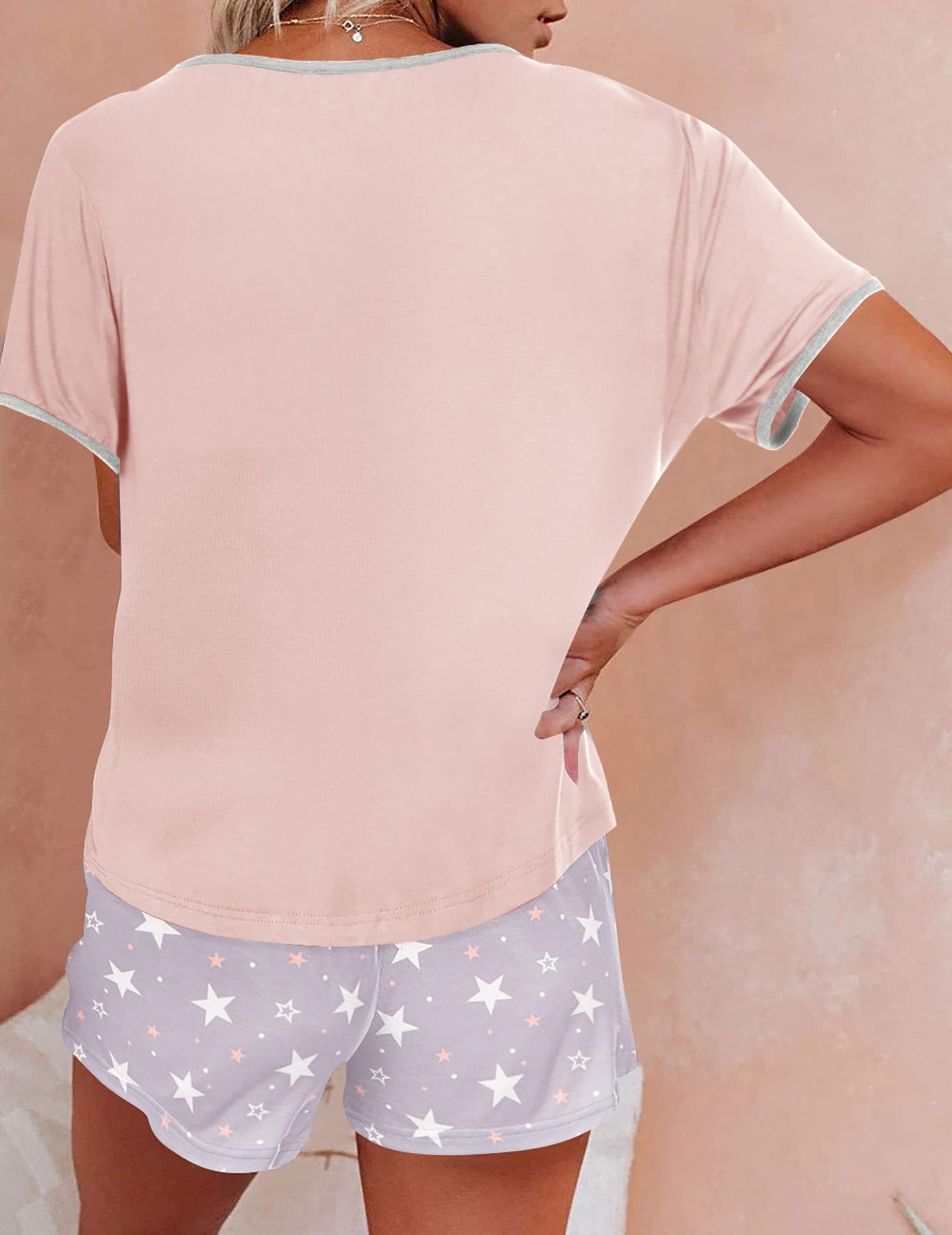 Ekouaer Women Pajama Set Casual Short Set Pink and White Star Medium