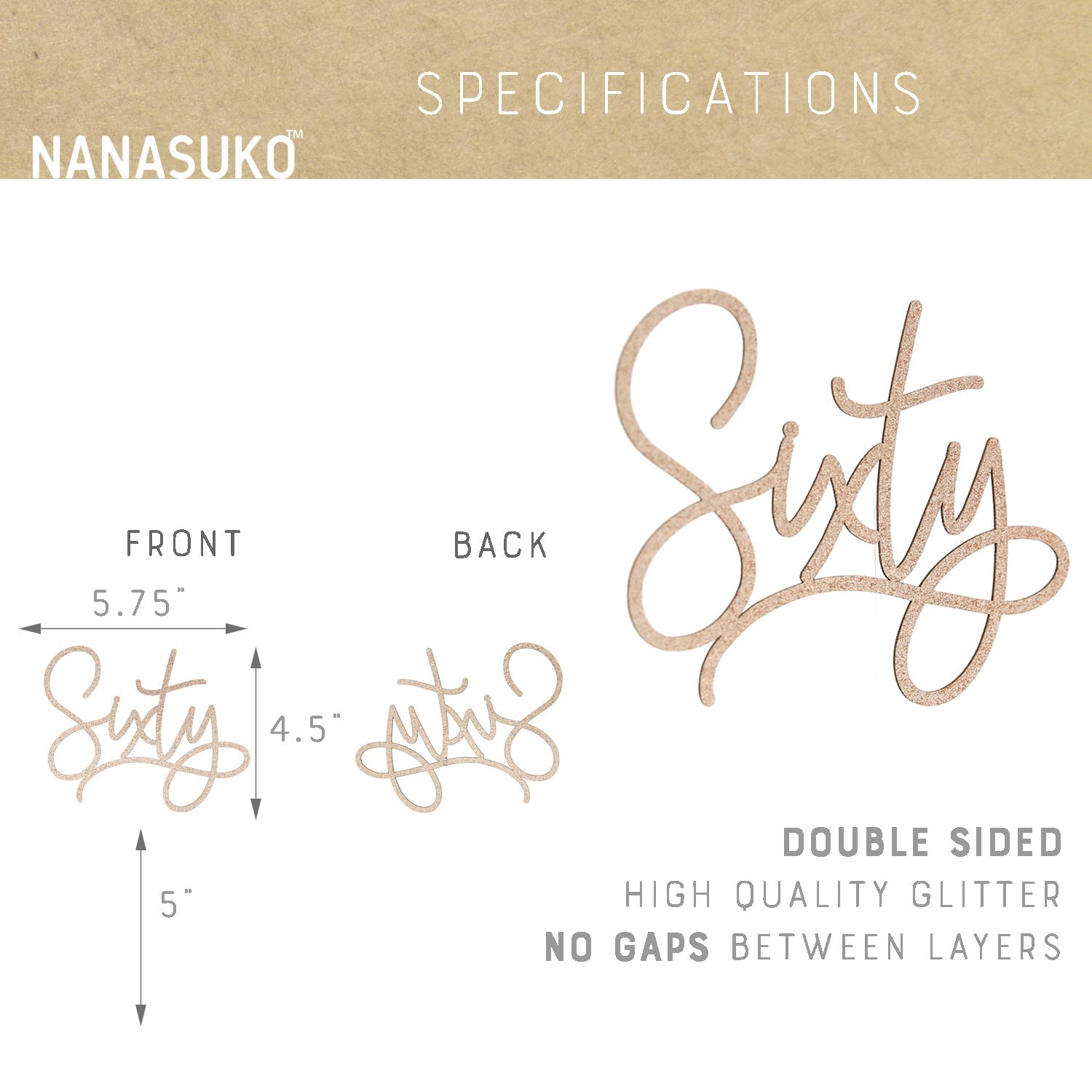 NANASUKO Modern Cursive 60th Birthday Cake Topper - sixty - Double Sided Rose Gold Glitter - Premium Quality Made in USA