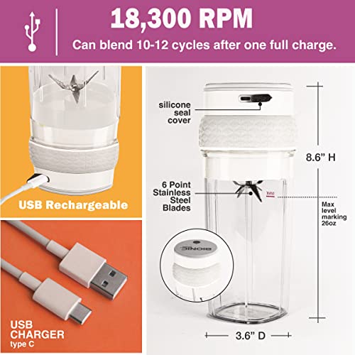 Bionic Blade Personal Blender 490mL, Cordless, Rechargeable 18,000 RPM Portable Blender for Shakes and Smoothies Mini Blender Portable 8.6" Tall, Seen On TV