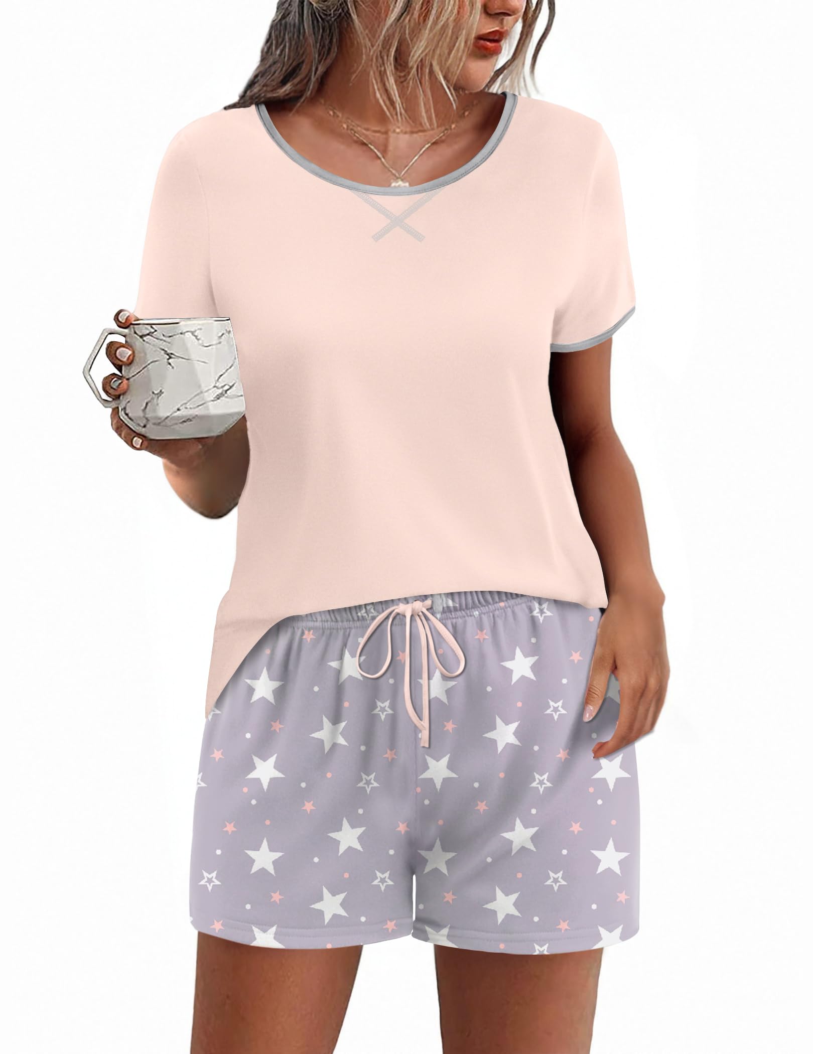 Ekouaer Women Pajama Set Casual Short Set Pink and White Star Medium