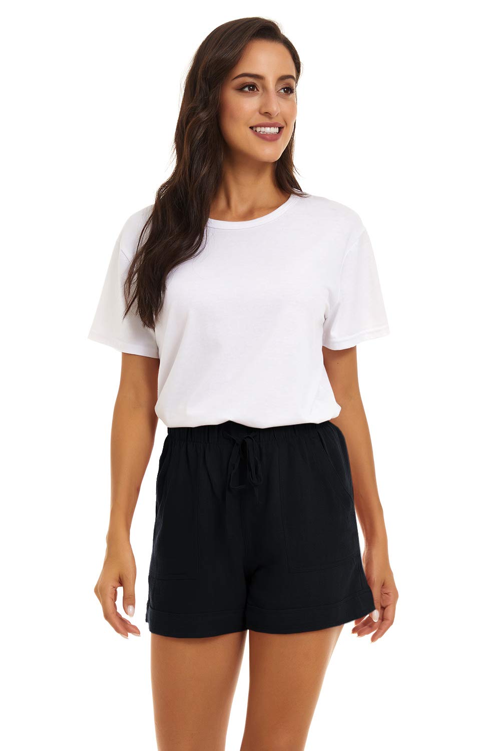 KINGFEN Womens Shorts Pull On Lounge Black Shorts for Women Casual Summer Beach Comfy Elastic Waist Drawstring Cotton Linen Short with Pockets Black X-Large
