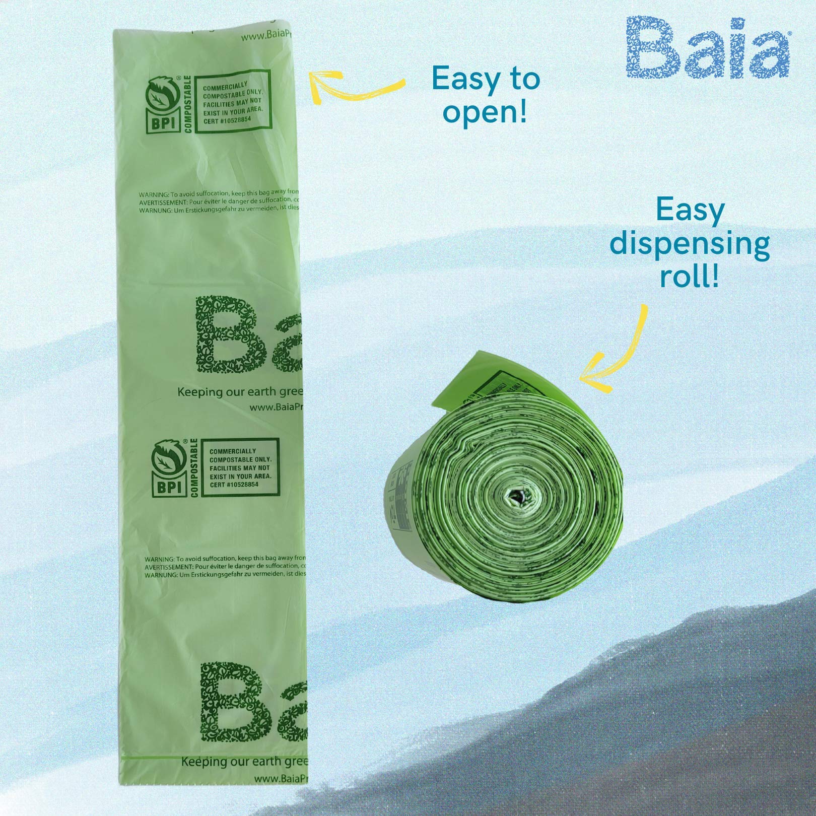 Baia Compostable Food Scrap Bags, ASTM D6400 BPI, 2.6-3 Gallon, Extra Thick 0.79 Mils, Small, Kitchen Waste Trash, Countertop Compost Bin Liners (100 Ct)