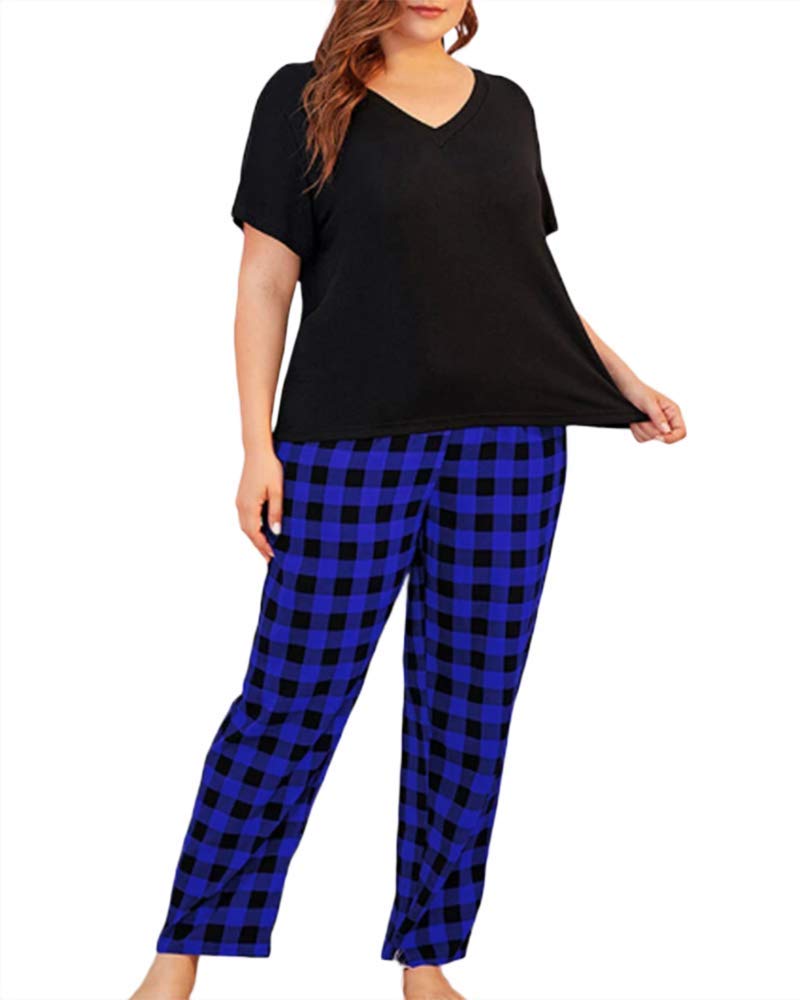 KAMONG Women Plus Size Pajamas Set Plaid Lounge Pants V-Neck Long/Short Sleeve Cotton T Shirt 2 Piece Sleepwear Blue