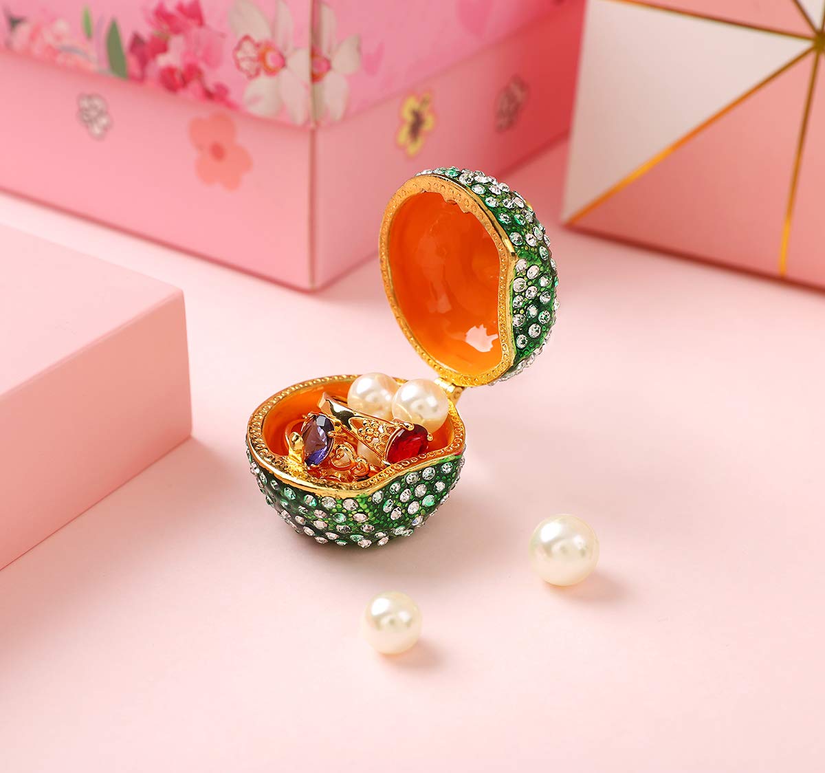 Furuida Green Lucky Apple Trinket Boxes Hinged Hand-painted Little Jewelry Box Ornaments Craft Gift for Women Girls