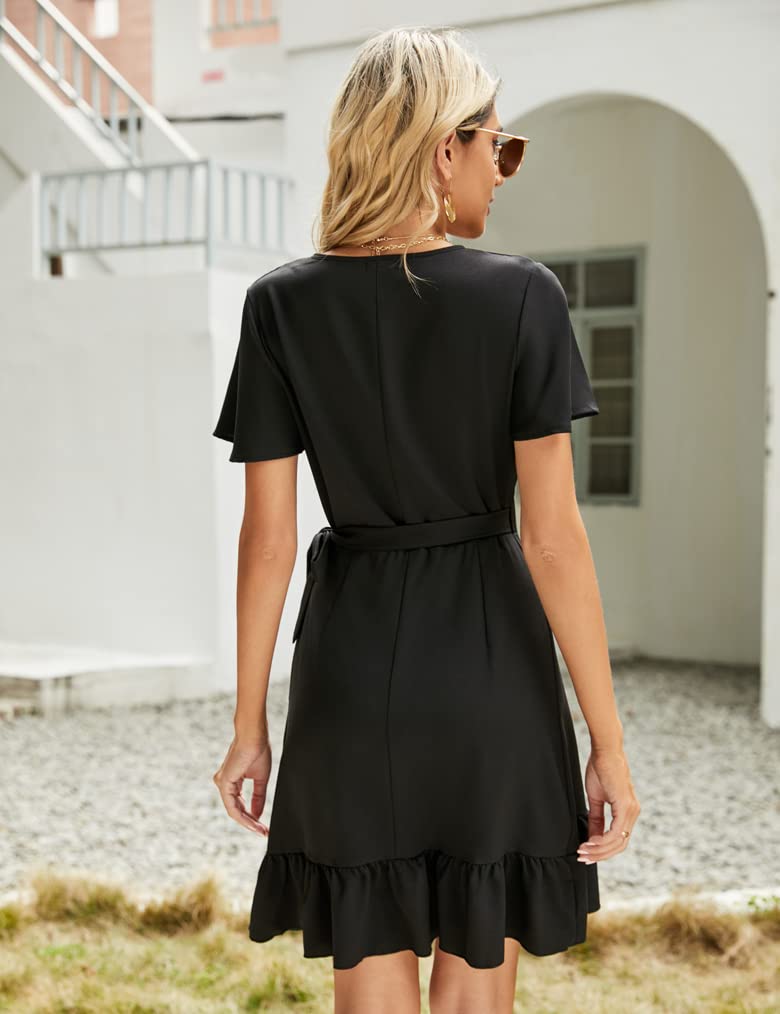 Naggoo Womens Wrap Dress V Neck Trendy Polka Dot Ruffle Short Sleeve Evening Mini Dress (Large, Solid Black)