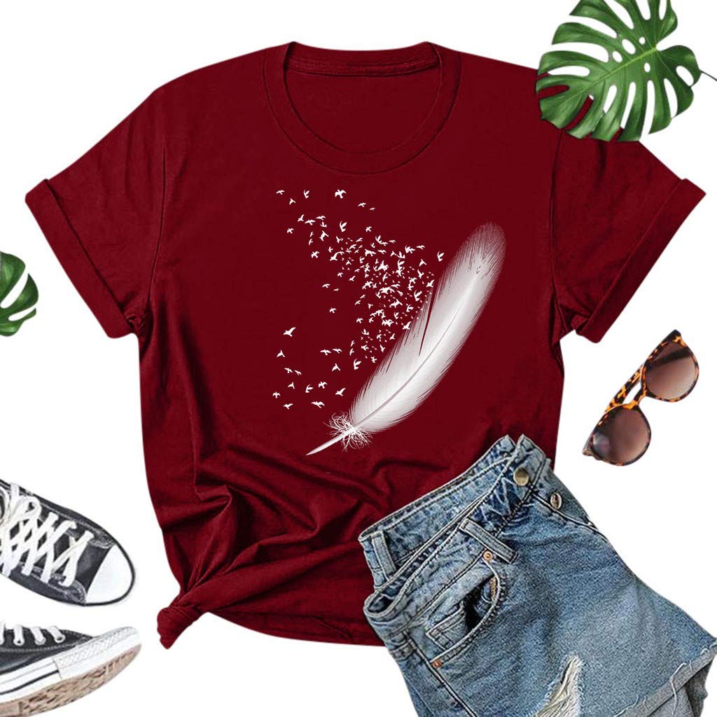Aniywn Womens T-Shirt Summer Casual Printing Crewneck Short Sleeve Top Blouse Stylish Basic Tunic Tops Red