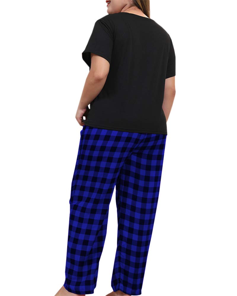 KAMONG Women Plus Size Pajamas Set Plaid Lounge Pants V-Neck Long/Short Sleeve Cotton T Shirt 2 Piece Sleepwear Blue