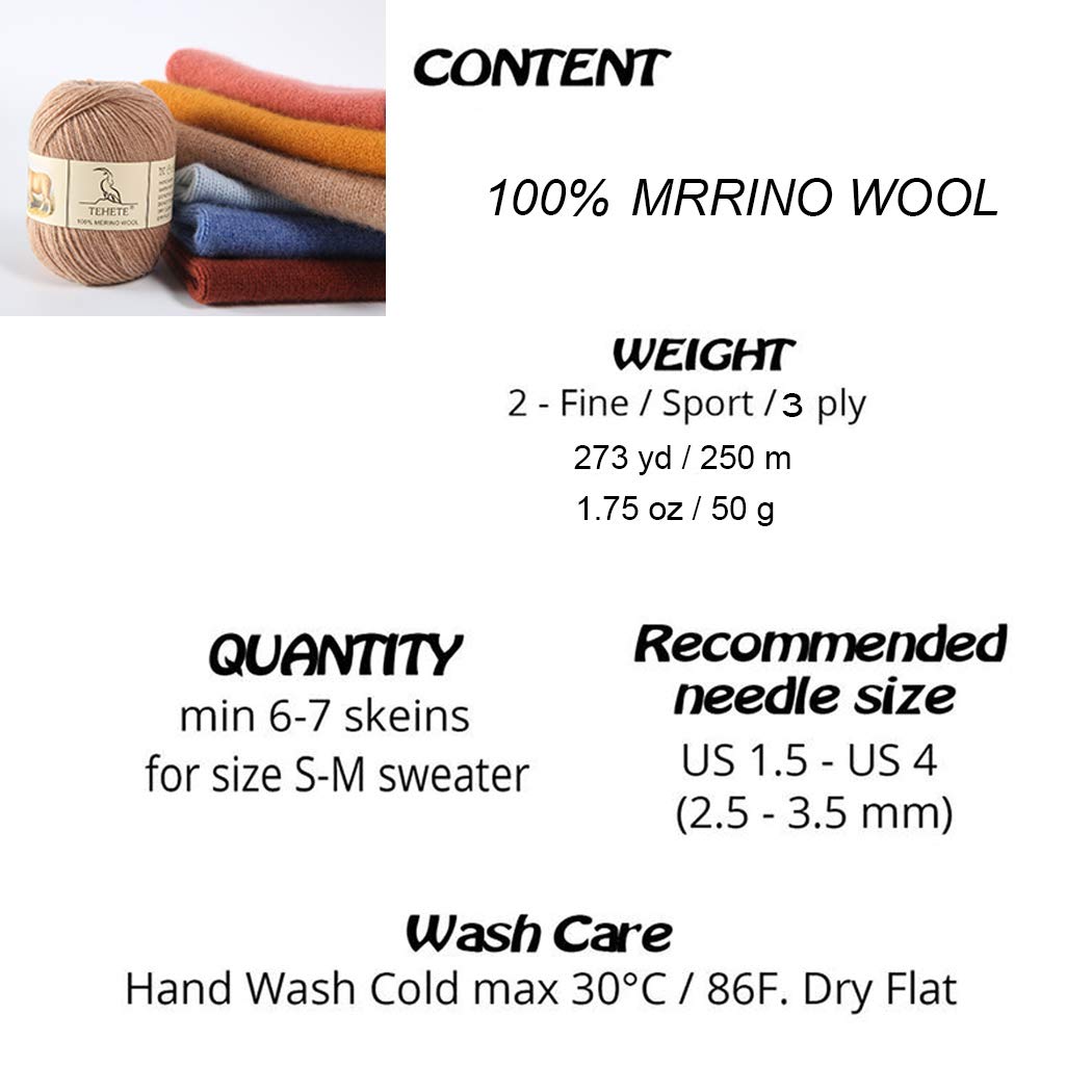 TEHETE 100% Merino Wool Yarn for Knitting 3-Ply Luxury Warm Soft Lightweight Crochet Yarn (Beige)