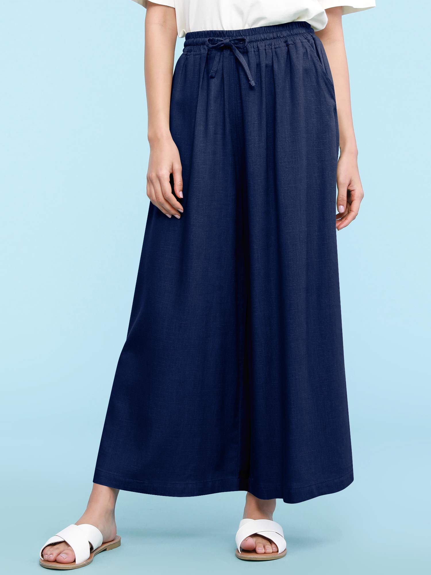 LL Womens Washed Linen Casual Loose Wide Leg Pants Pocket Pant with Draw String XL Navy