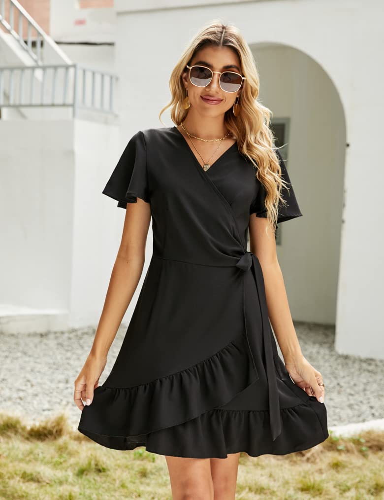 Naggoo Womens Wrap Dress V Neck Trendy Polka Dot Ruffle Short Sleeve Evening Mini Dress (Large, Solid Black)