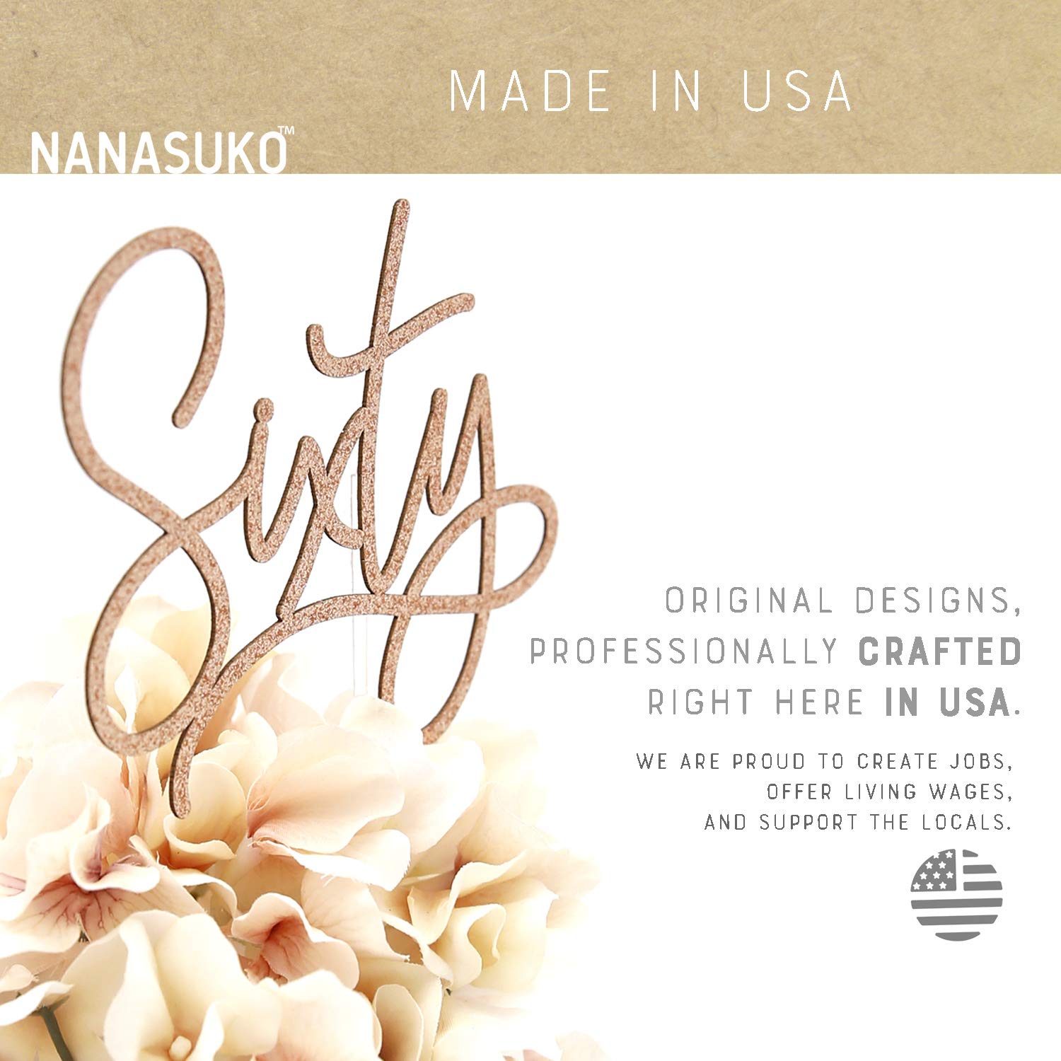 NANASUKO Modern Cursive 60th Birthday Cake Topper - sixty - Double Sided Rose Gold Glitter - Premium Quality Made in USA