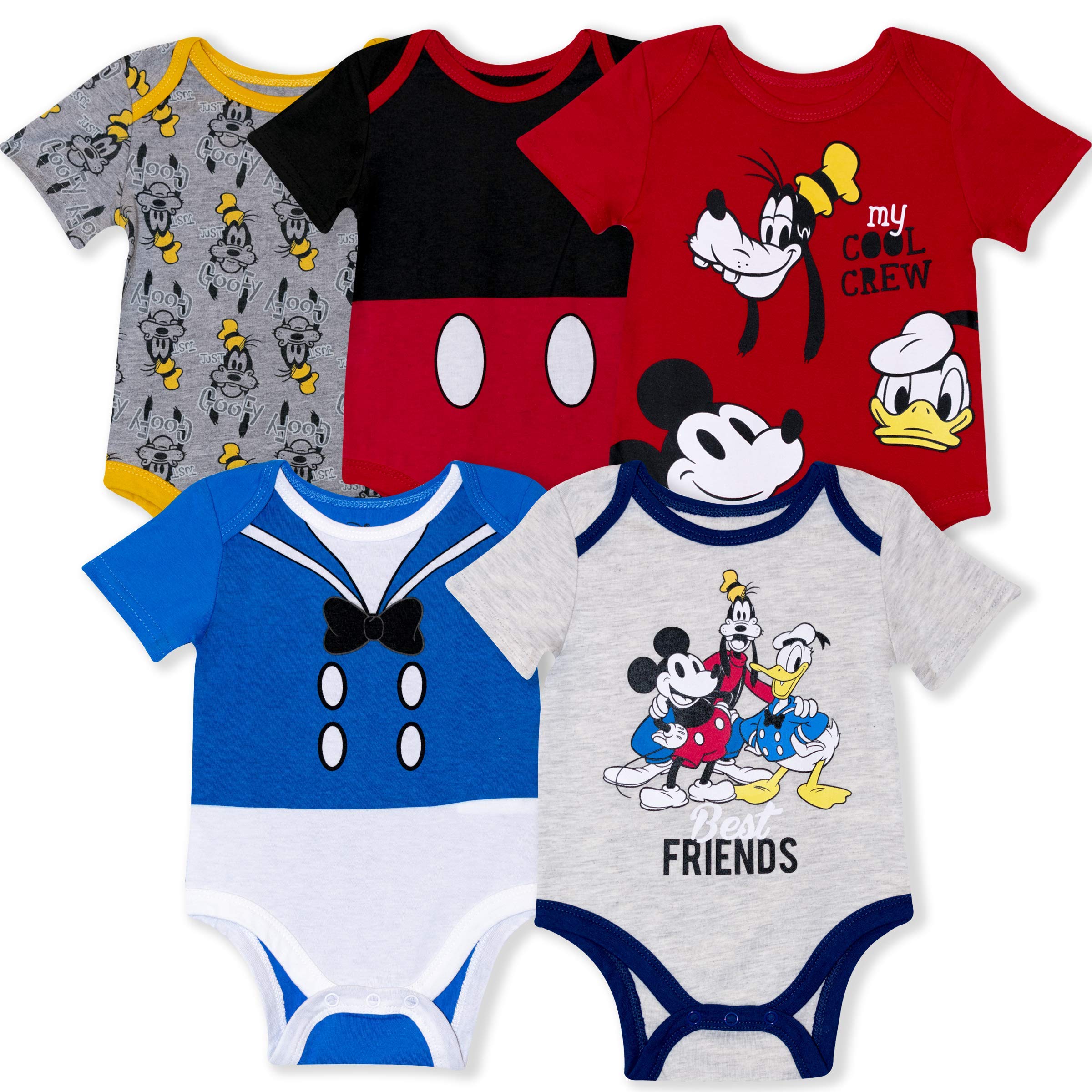 Disney Mickey Mouse, Lion King, and Winnie the Pooh Baby Boys 5 Pack Bodysuits for Newborn and Infants