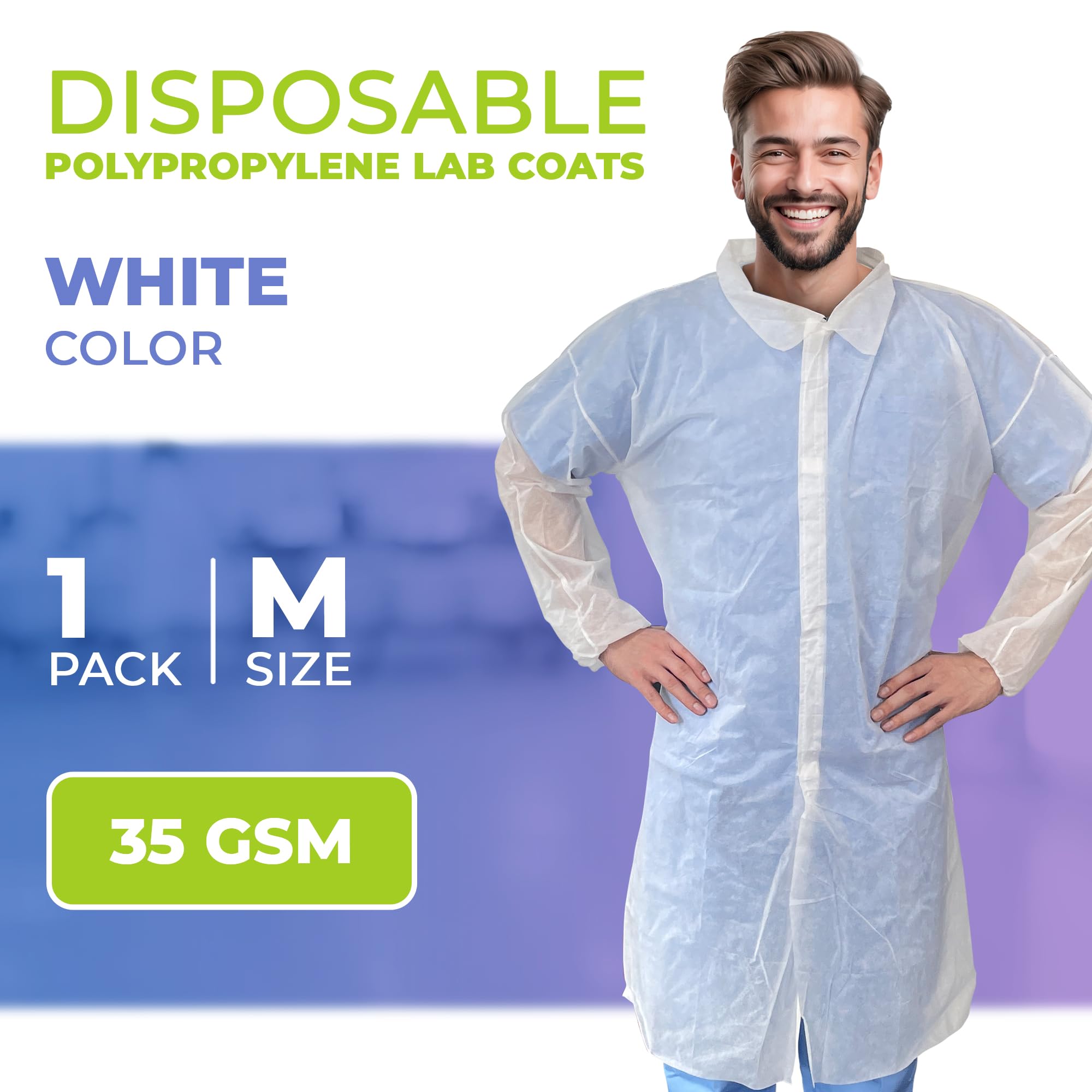 AMZ Medical Supply White Disposable Lab Coat, M. 35 GSM Polypropylene Fabric Medical PPE Coat. Knee-Length Disposable Lab Coats for Adults with Elastic Wrists, Loop Fasteners, No Pockets