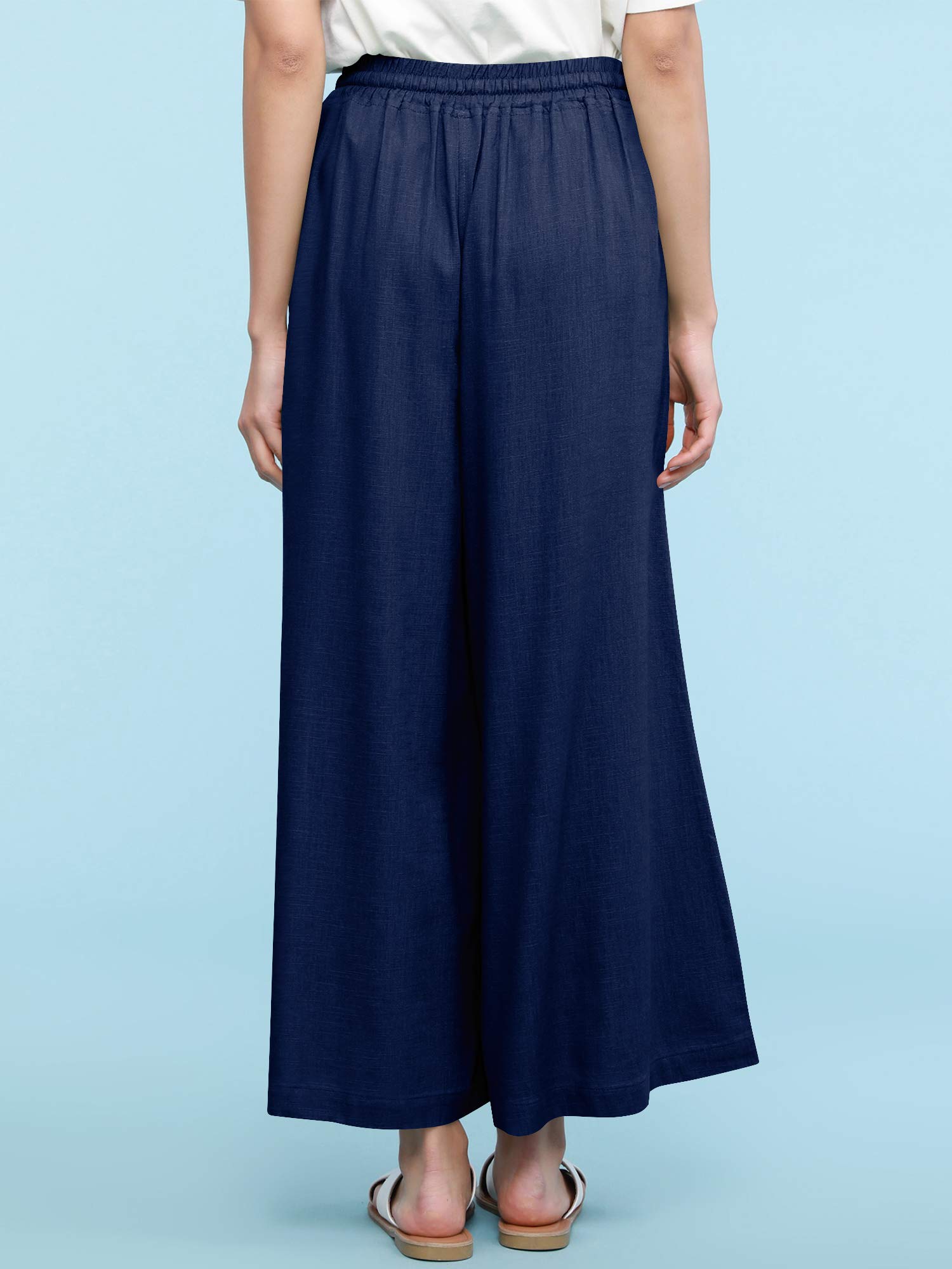 LL Womens Washed Linen Casual Loose Wide Leg Pants Pocket Pant with Draw String XL Navy