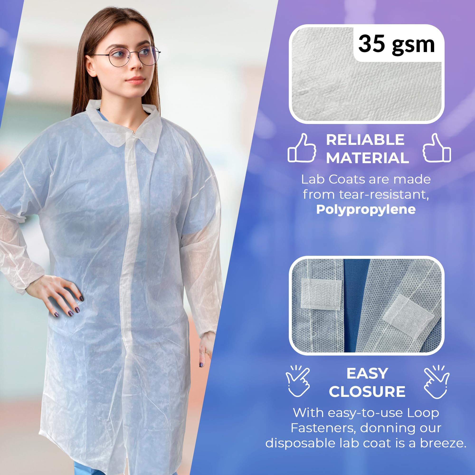 AMZ Medical Supply White Disposable Lab Coat, M. 35 GSM Polypropylene Fabric Medical PPE Coat. Knee-Length Disposable Lab Coats for Adults with Elastic Wrists, Loop Fasteners, No Pockets