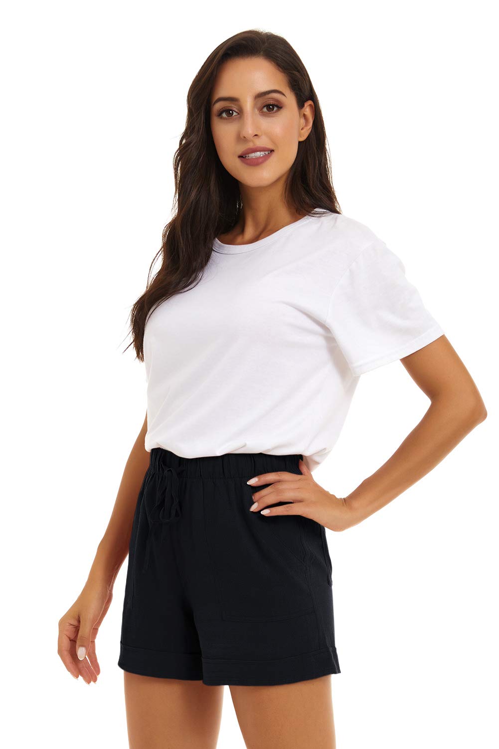 KINGFEN Womens Shorts Pull On Lounge Black Shorts for Women Casual Summer Beach Comfy Elastic Waist Drawstring Cotton Linen Short with Pockets Black X-Large