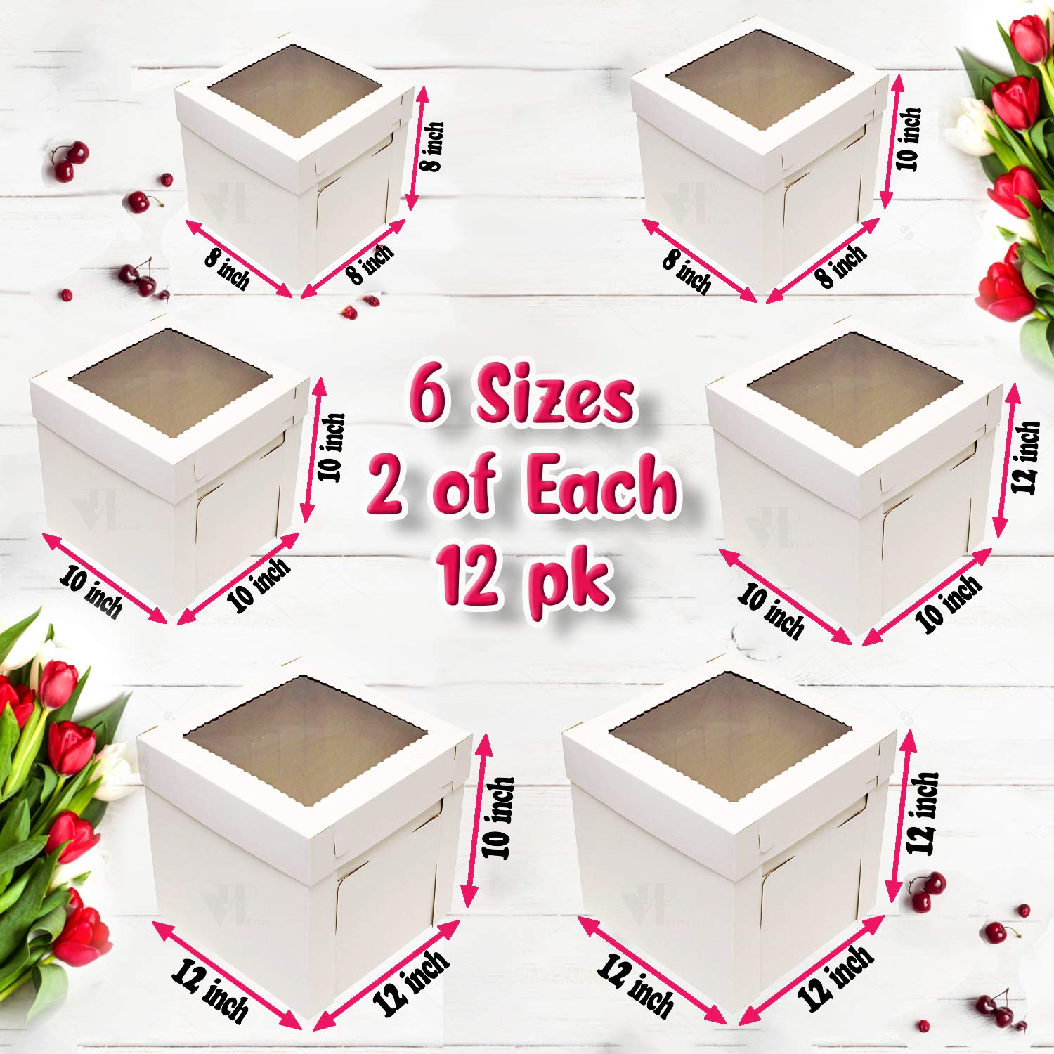 VTPT Ecom - 12 Pcs Tall Cake Boxes with Window in 6 Sizes + 15 Thank You Stickers 12x12 10x10 8x8, Bakery Boxes disposable carrier take out container, In 12 10 8 inch 2 3 tier wedding birthday