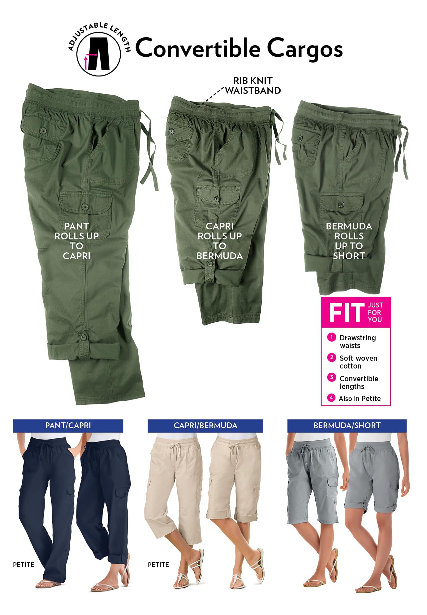 Woman Within Plus Size Convertible 2-in-1 Cargo Pant & Capri Elastic Waist - 18 W, Olive Green