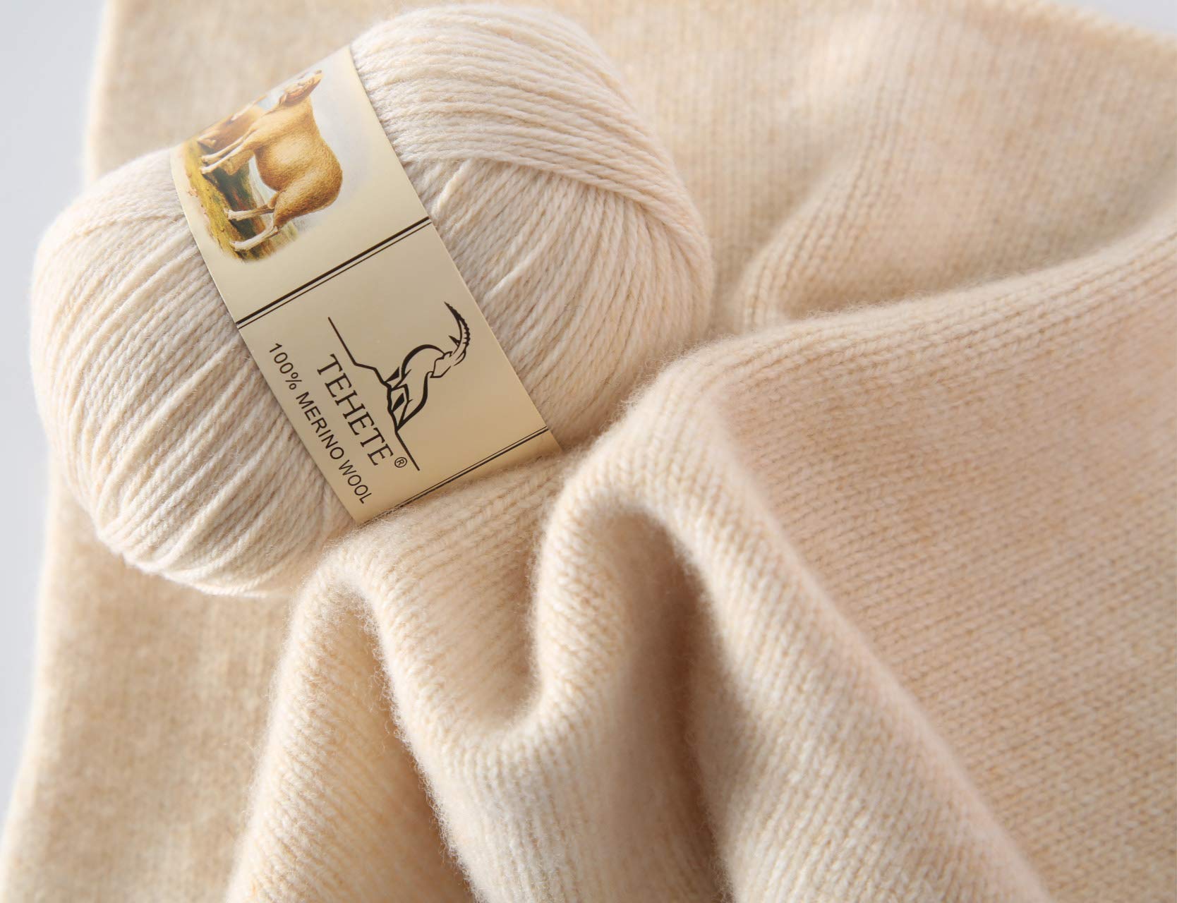 TEHETE 100% Merino Wool Yarn for Knitting 3-Ply Luxury Warm Soft Lightweight Crochet Yarn (Beige)
