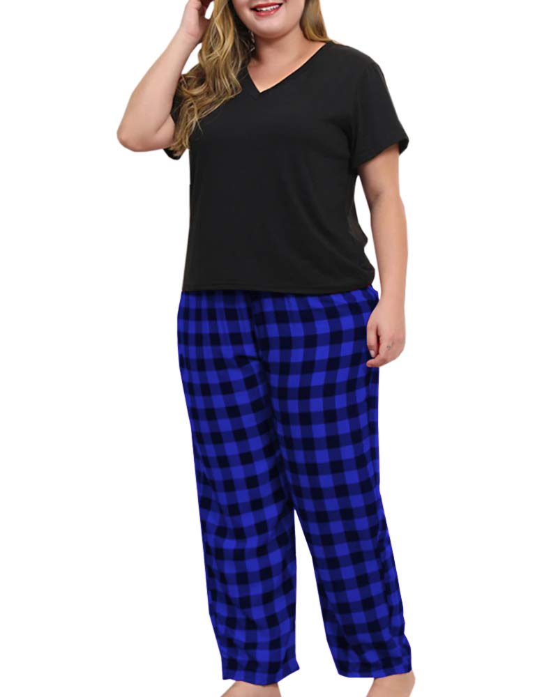 KAMONG Women Plus Size Pajamas Set Plaid Lounge Pants V-Neck Long/Short Sleeve Cotton T Shirt 2 Piece Sleepwear Blue