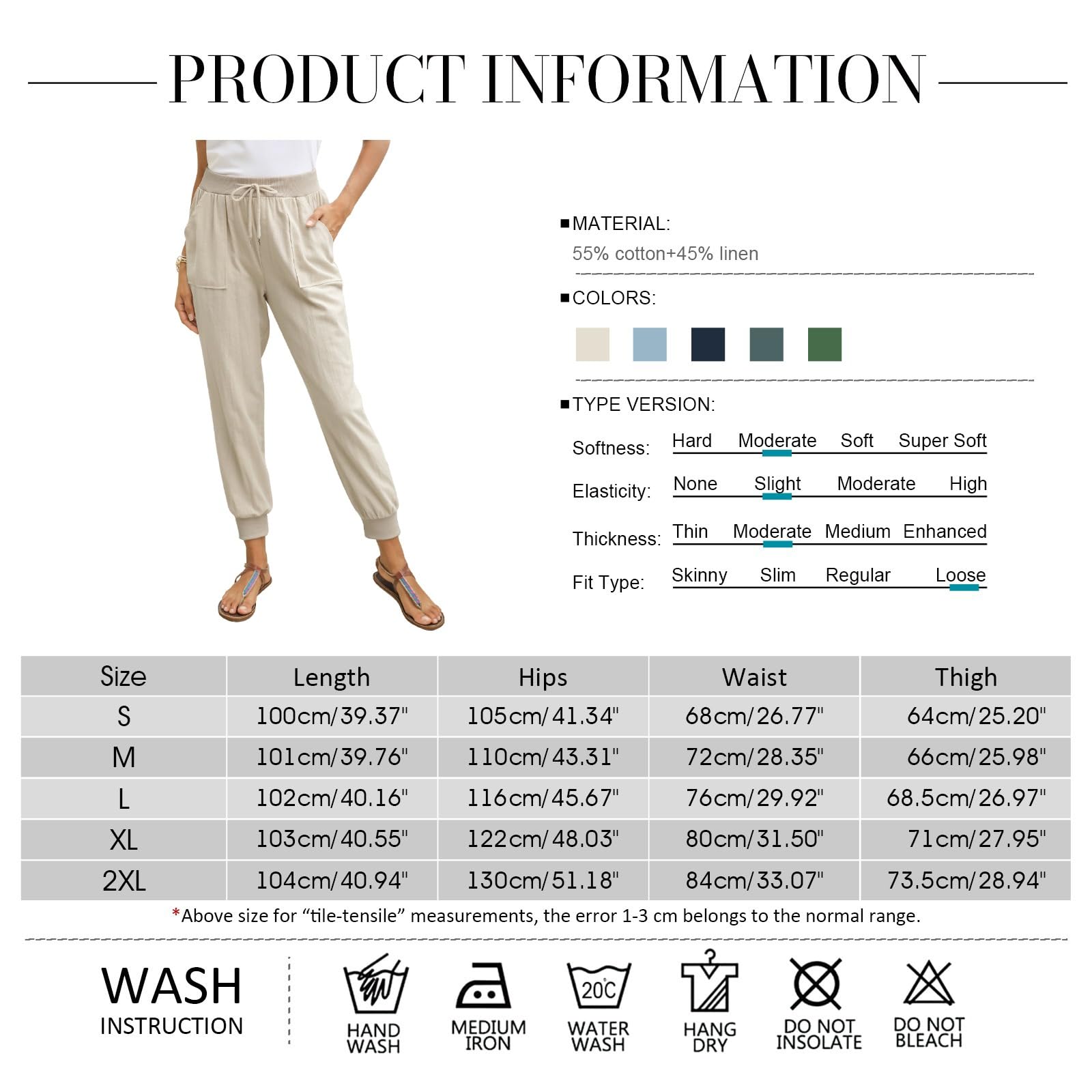 Puimentiua Womens Tapered Pants Cotton Linen Drawstring Back Elastic Waist Pants Casual Trousers with Pockets Khaki