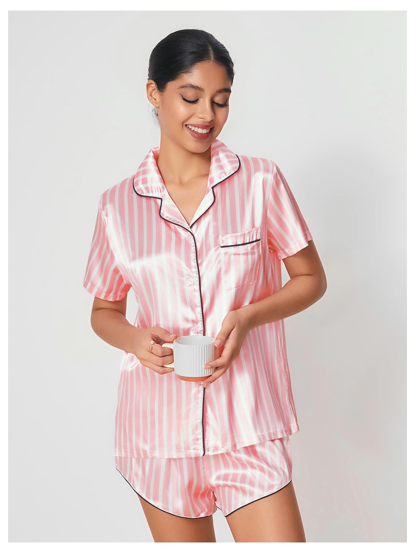 WDIRARA Women's Satin Sleepwear Short Sleeve Button Shirt and Shorts Pajama Set Silky PJ Striped Pink L