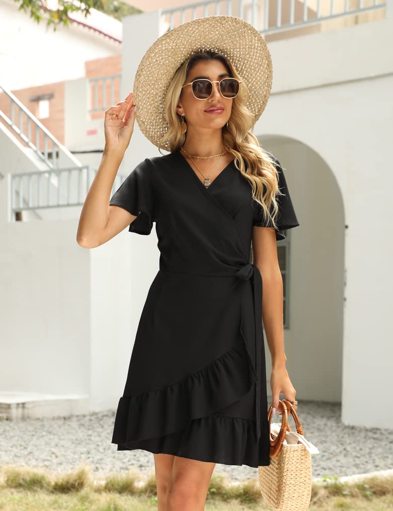 Naggoo Womens Wrap Dress V Neck Trendy Polka Dot Ruffle Short Sleeve Evening Mini Dress (Large, Solid Black)