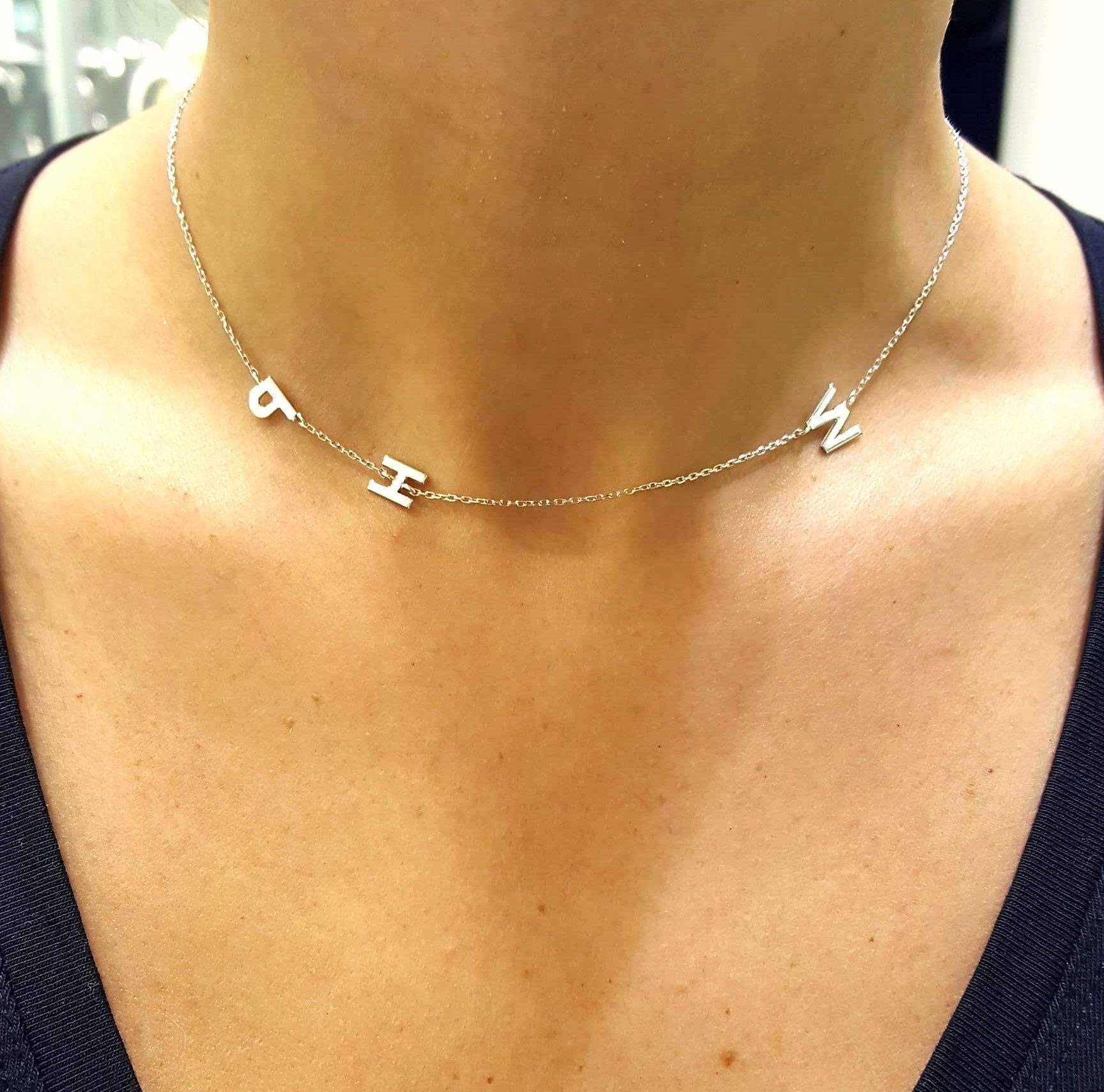 14k Sideways Initial Gold Necklace w Solitaire Diamond, Custom Multiple Letter Necklace, Personalized Solid Gold Initial Diamond Letter Necklace, Personalize Birthstone Bridesmaid Gift.