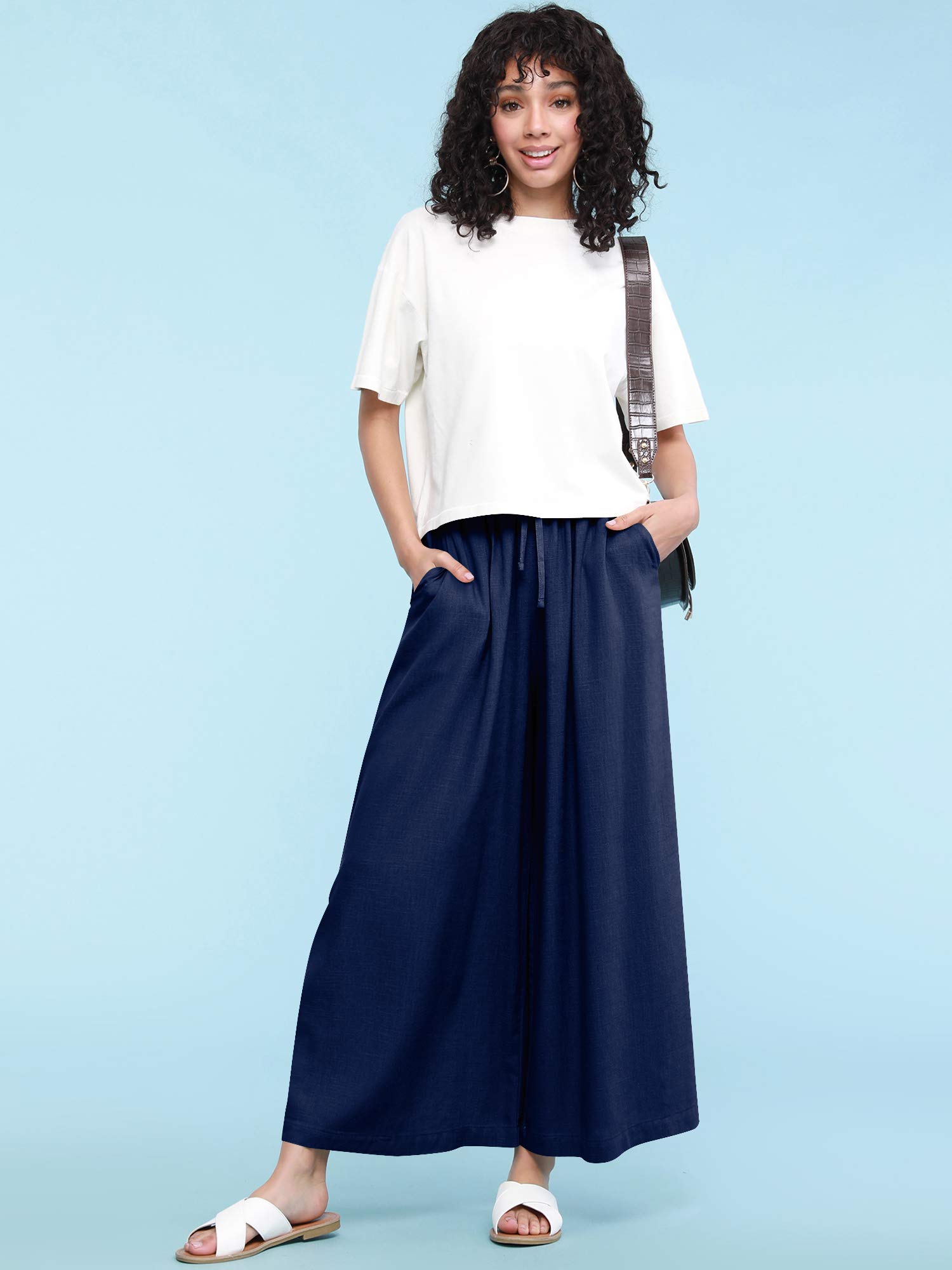 LL Womens Washed Linen Casual Loose Wide Leg Pants Pocket Pant with Draw String XL Navy