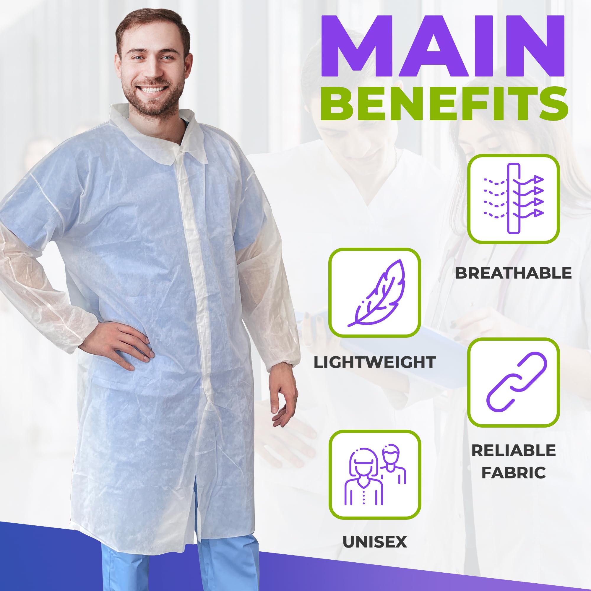 AMZ Medical Supply White Disposable Lab Coat, M. 35 GSM Polypropylene Fabric Medical PPE Coat. Knee-Length Disposable Lab Coats for Adults with Elastic Wrists, Loop Fasteners, No Pockets
