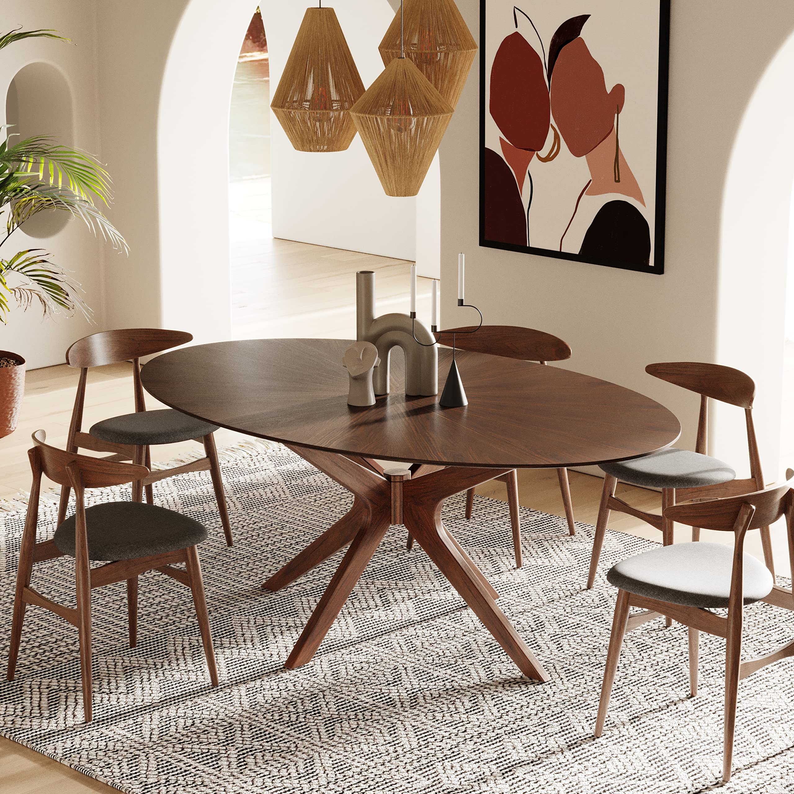 Limari Home Poype Collection Modern Style Walnut Finished Oval 8 Persons Dining Table With Solid Wood Legs and Base, Brown