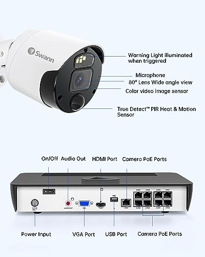 SWANN Master 4K 8 Channel Home Security Camera System, 2TB NVR, 4 PoE IP Cameras Outdoor, 8MP Wired Surveillance CCTV, Heat Motion Vehicle Detection, LED Light, 24/7 Recording Security Camera, 876804