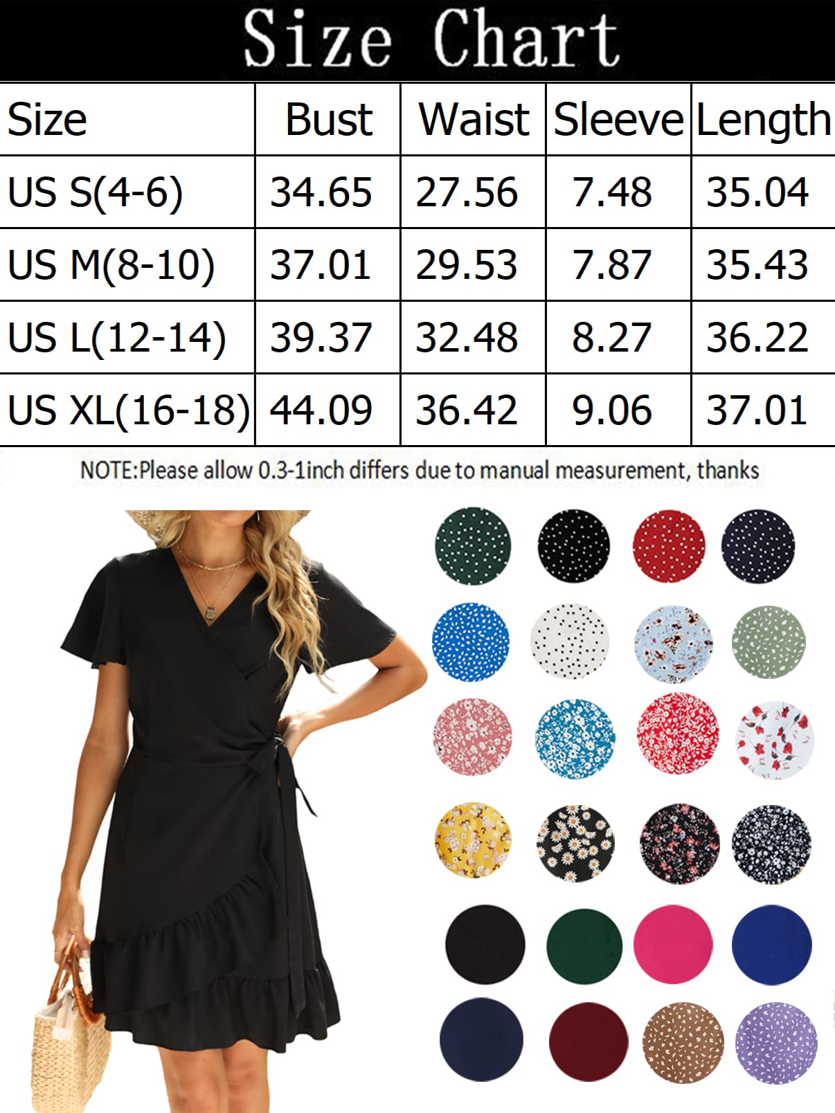 Naggoo Womens Wrap Dress V Neck Trendy Polka Dot Ruffle Short Sleeve Evening Mini Dress (Large, Solid Black)