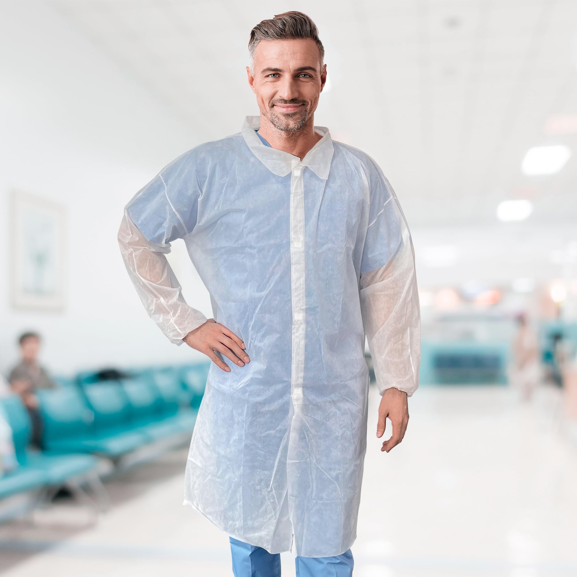 AMZ Medical Supply White Disposable Lab Coat, M. 35 GSM Polypropylene Fabric Medical PPE Coat. Knee-Length Disposable Lab Coats for Adults with Elastic Wrists, Loop Fasteners, No Pockets