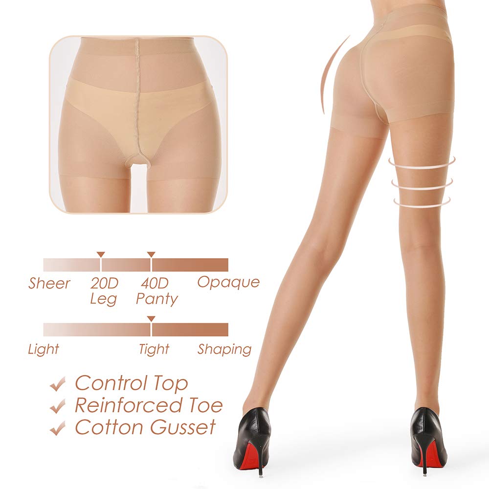 G&Y 3 Pairs Women's Sheer Tights - 20D Control Top Pantyhose with Reinforced Toes(Nude, S)