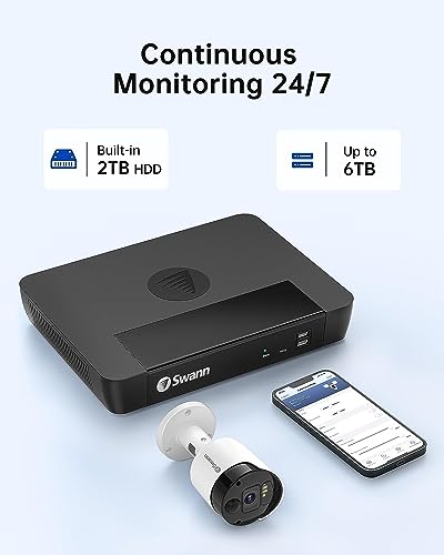 SWANN Master 4K 8 Channel Home Security Camera System, 2TB NVR, 4 PoE IP Cameras Outdoor, 8MP Wired Surveillance CCTV, Heat Motion Vehicle Detection, LED Light, 24/7 Recording Security Camera, 876804