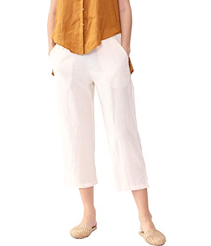 Amazhiyu Womens Linen Capri Pants with Pockets Full Elastic Waistband Casual Pants (Linen, Large)