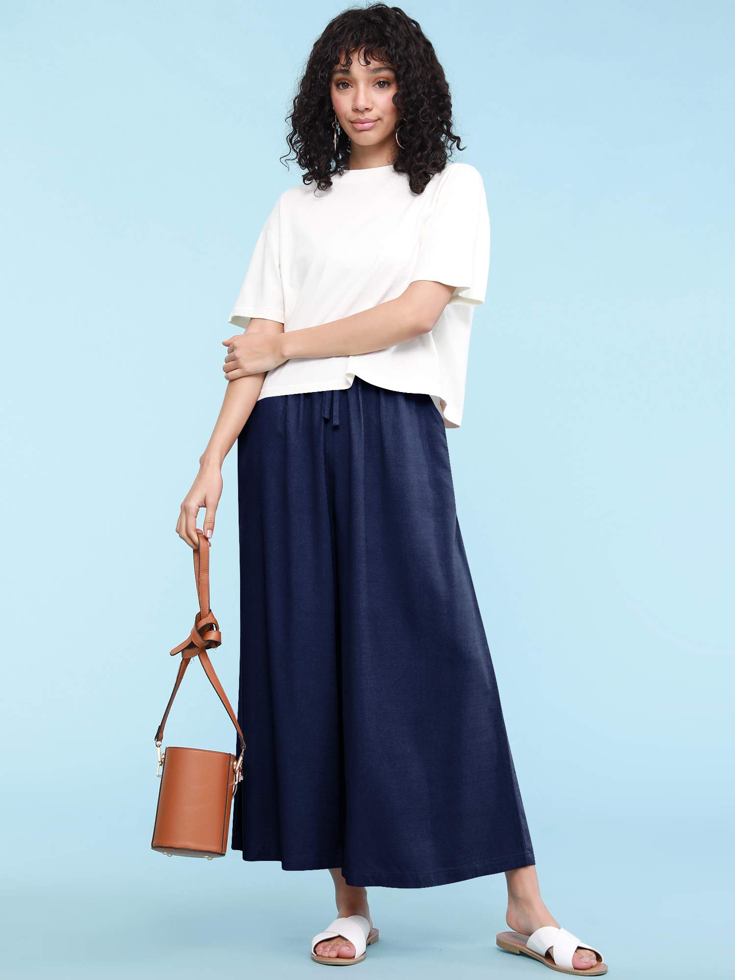 LL Womens Washed Linen Casual Loose Wide Leg Pants Pocket Pant with Draw String XL Navy