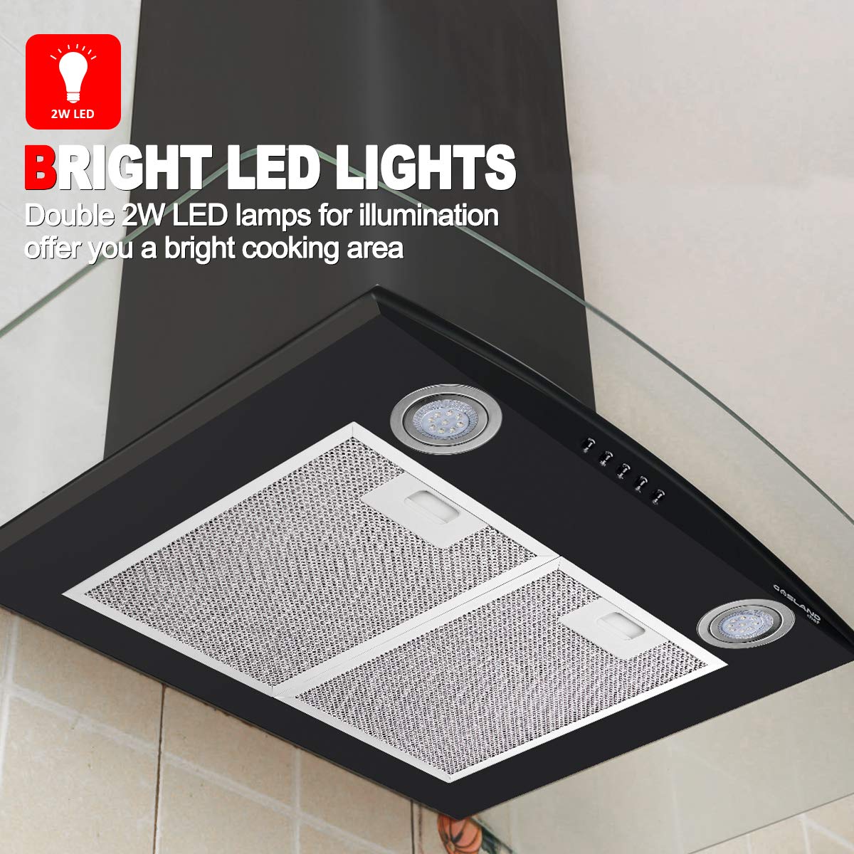 36" Range Hood, GASLAND Chef GR36BP Curved Glass Wall Mount Range Hood Black, 3 Speed 450 CFM Ducted Kitchen Hood with LED Lights, Push Button Control, Convertible Chimney, Aluminum Filter