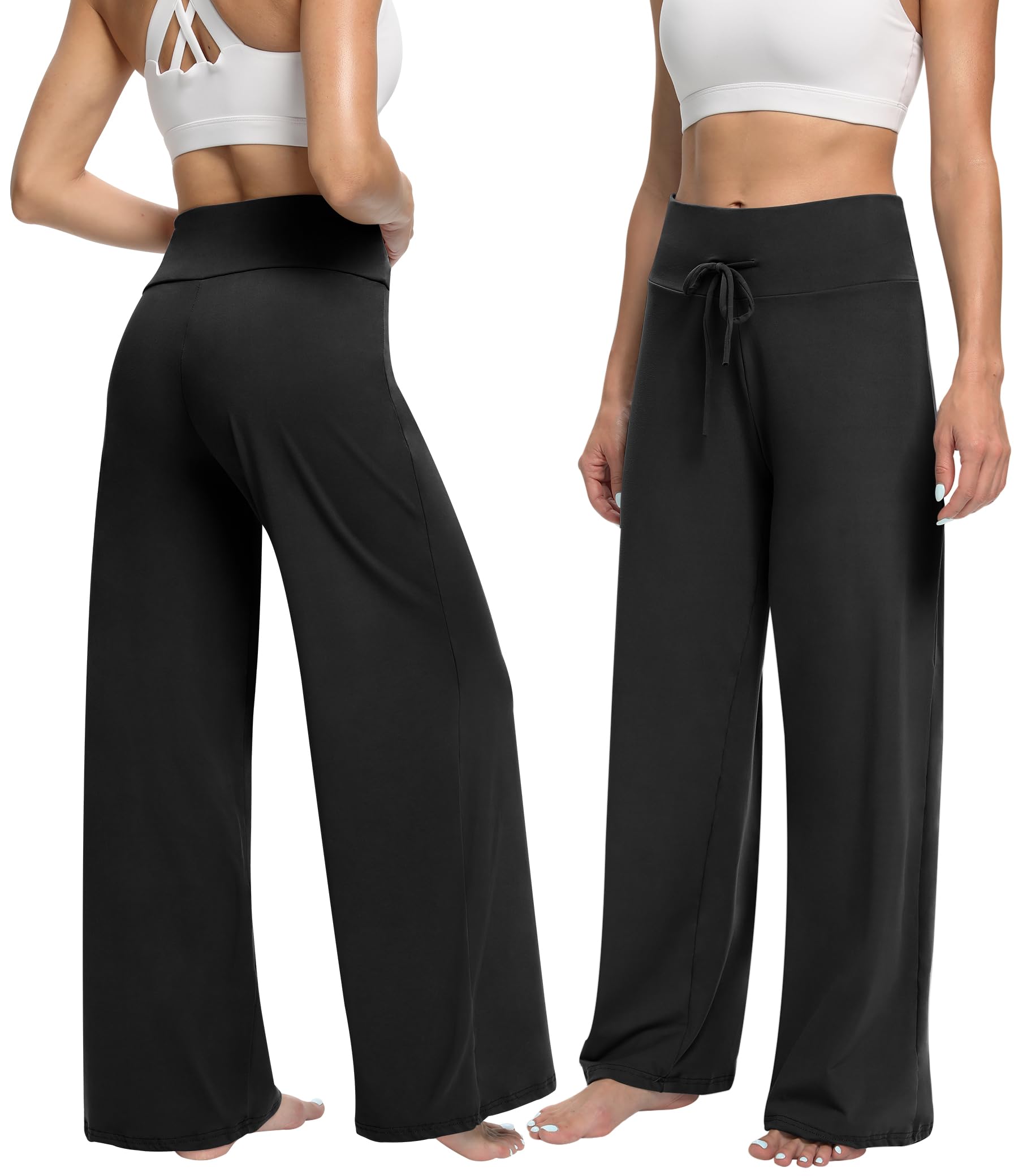 ZOOSIXX Soft Black Pajama Pants for Women, Wide Leg Comfy Casual Lounge Yoga Capri Pants 22'' / 30''