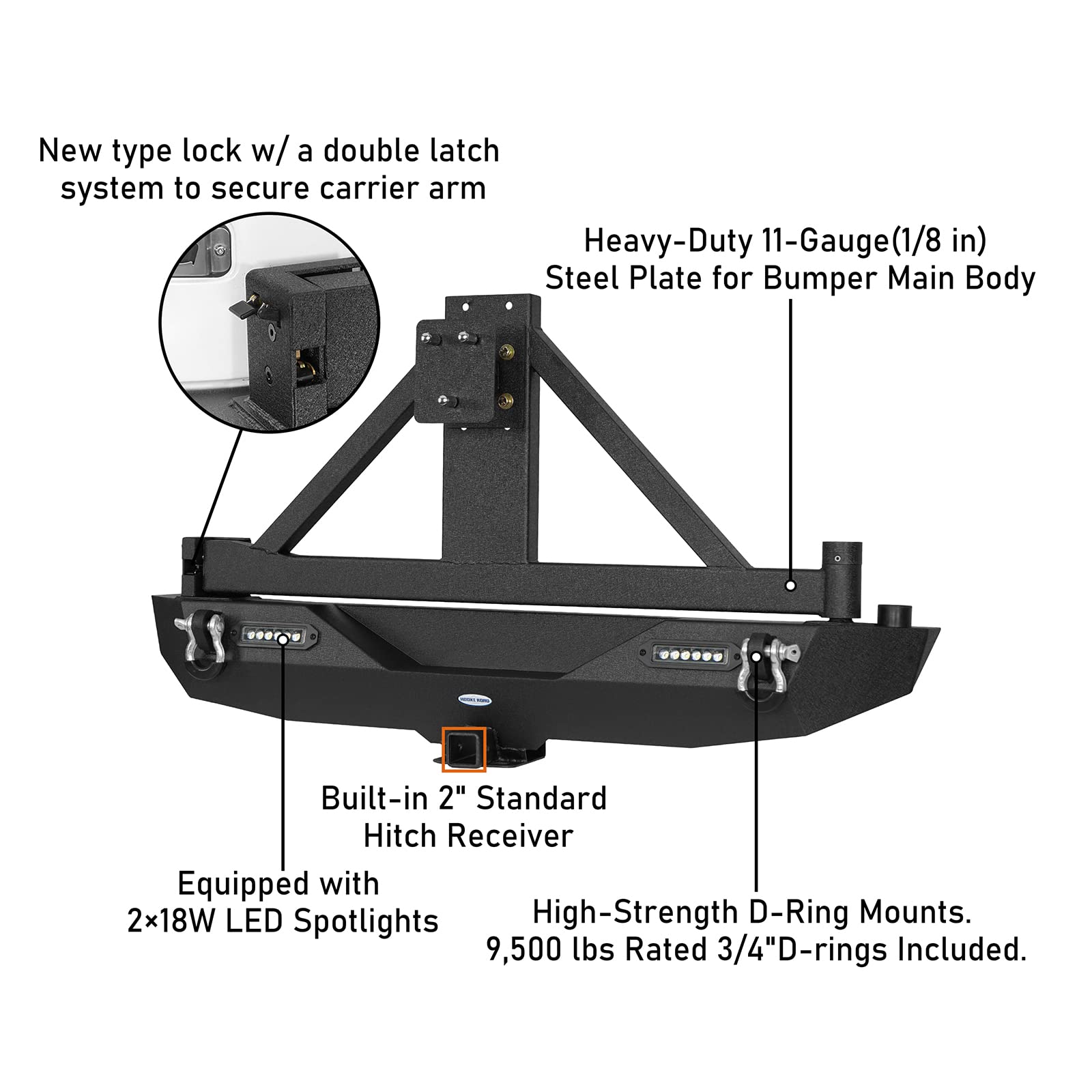 u-Box Front Bumper & Rear Bumper Combo for Jeep Wrangler JK 2007-2018 Textured Black Steel Bumper w/Spare Tire Carrier & 120W LED Light Bar & Receiver Hitch
