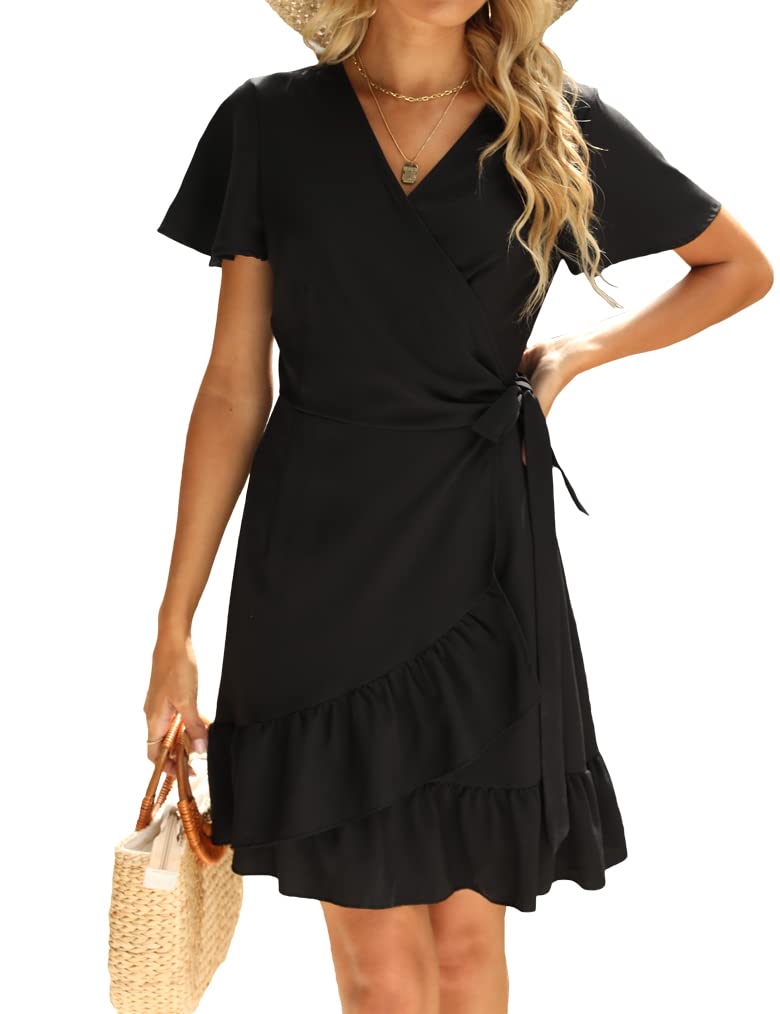 Naggoo Womens Wrap Dress V Neck Trendy Polka Dot Ruffle Short Sleeve Evening Mini Dress (Large, Solid Black)