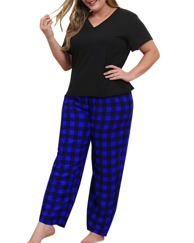 KAMONG Women Plus Size Pajamas Set Plaid Lounge Pants V-Neck Long/Short Sleeve Cotton T Shirt 2 Piece Sleepwear Blue